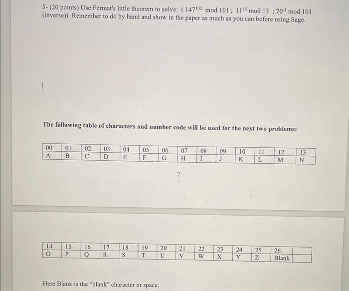 Solved 5- (20 points) Use Fermat's little theorem to solve: | Chegg.com