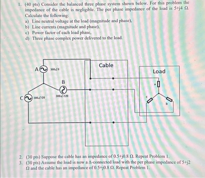 Solved 1. (40pts) Consider the balanced three phase system | Chegg.com