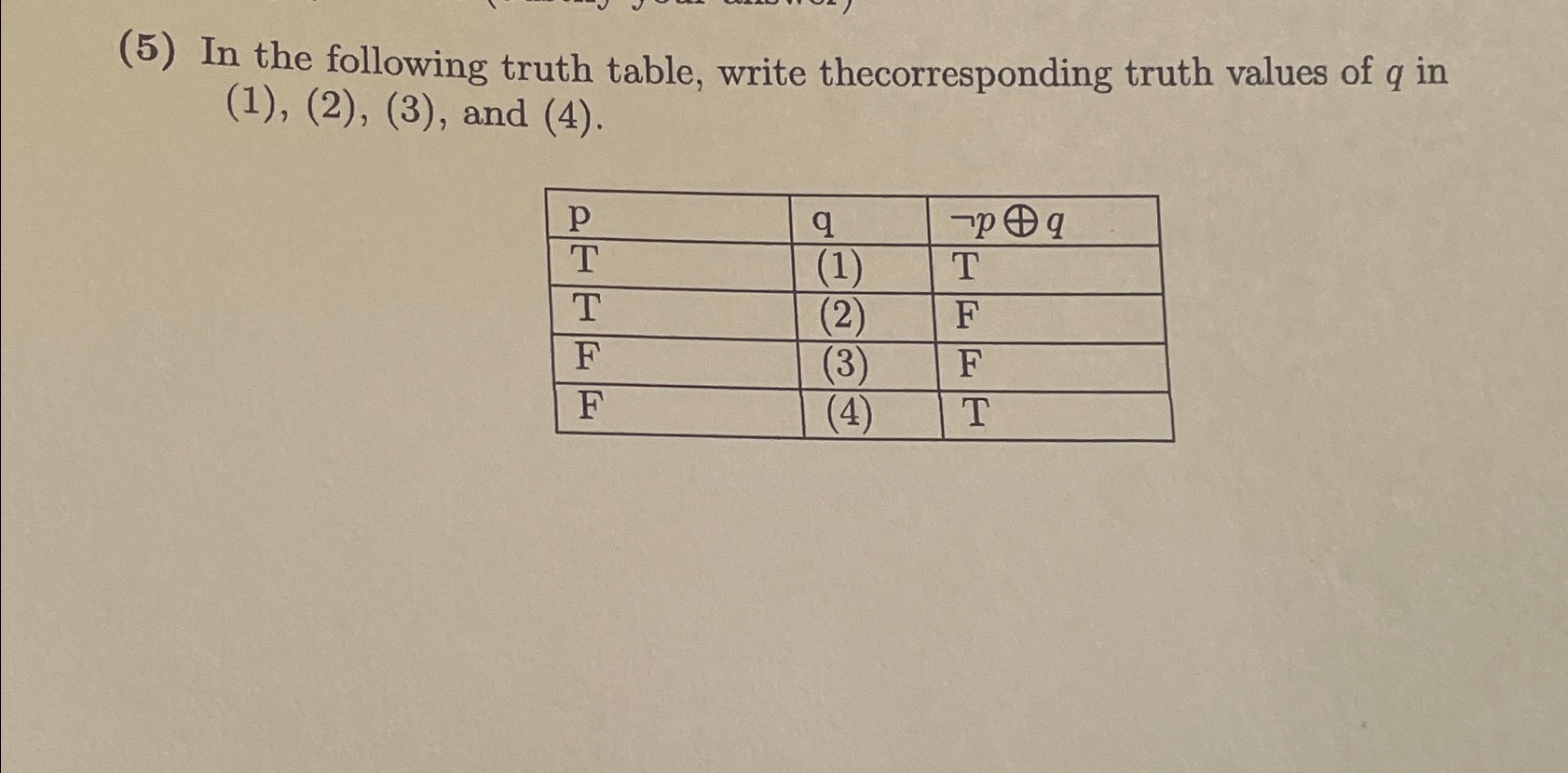 Solved (5) ﻿In the following truth table, write the | Chegg.com