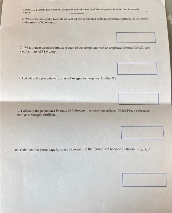 Solved Chem. 1011 Chem. Lab Percent Composition worksheet | Chegg.com