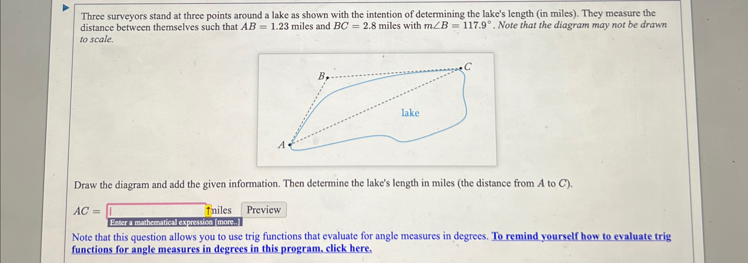 Solved Three surveyors stand at three points around a lake | Chegg.com