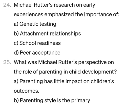 Solved Michael Rutter's research on early experiences | Chegg.com