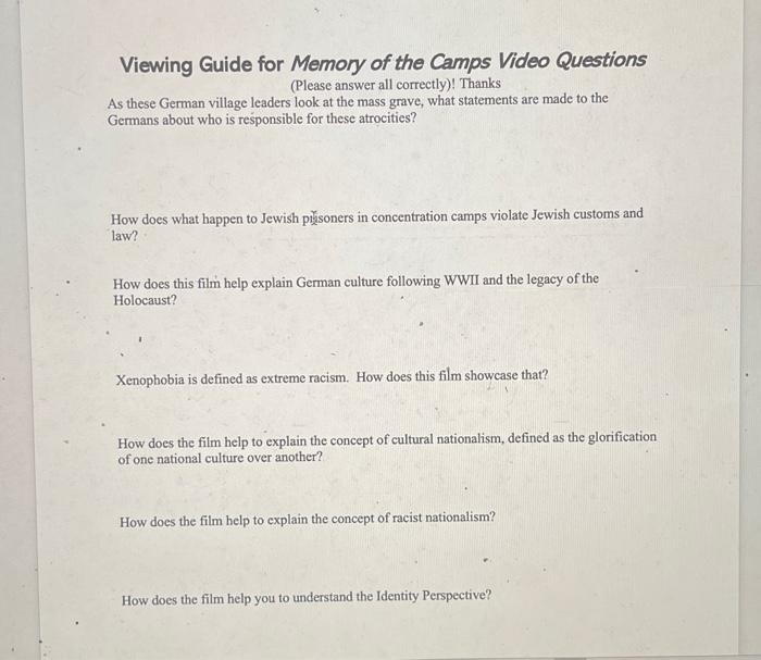 Viewing Guide for Memory of the Camps Video Questions | Chegg.com