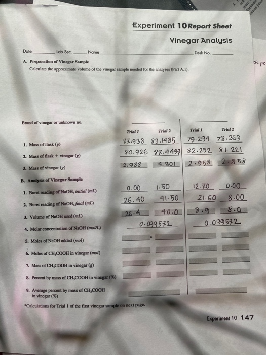 Solved Experiment 10 Report Sheet Vinegar Analysis Dote Lab | Chegg.com