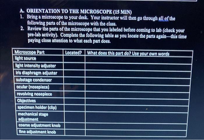 Solved A. ORIENTATION TO THE MICROSCOPE (15 MIN) 1. Bring a | Chegg.com