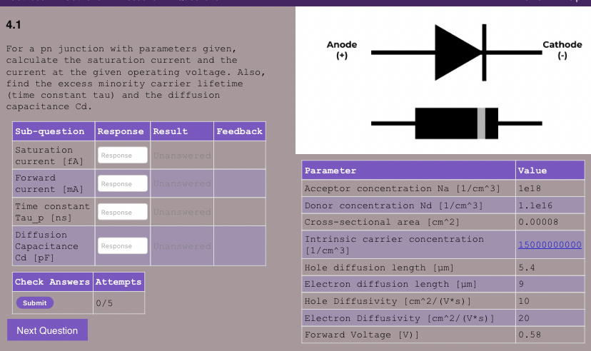 Solved 4.1For a pn junction with parameters given,calculate | Chegg.com