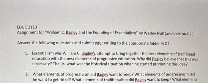 EDUC 2110 Assignment for "William C. Ragley and the | Chegg.com