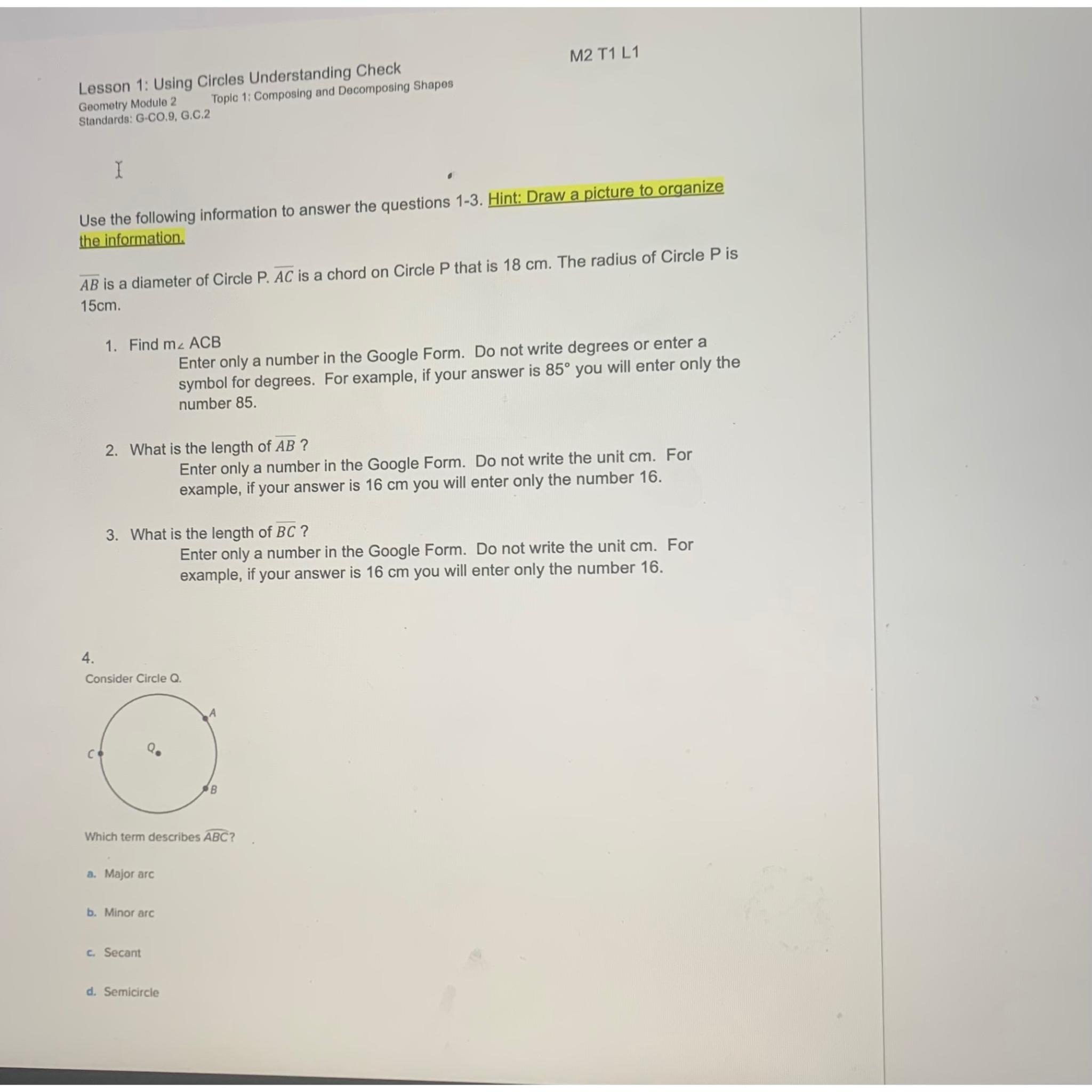 Solved Lesson 1: Using Circles Understanding CheckM2 ﻿T1 | Chegg.com