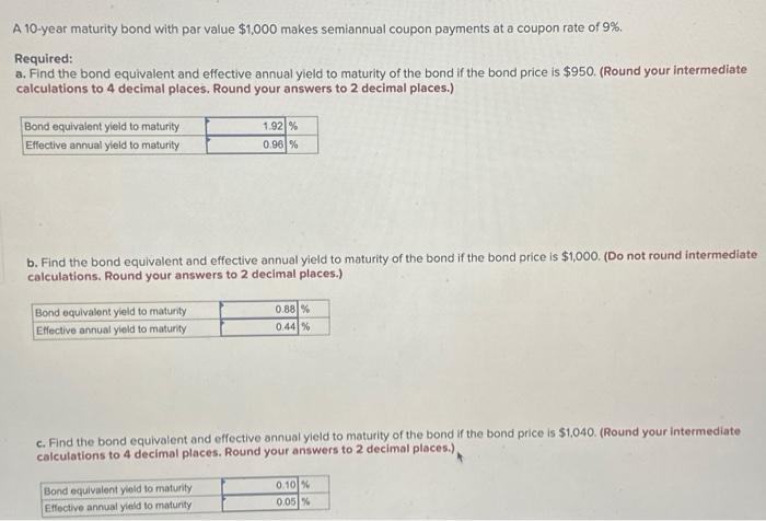 Solved A 10-year maturity bond with par value $1,000 makes | Chegg.com