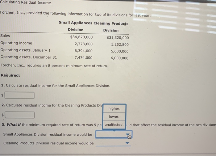 Solved Calculating Residual Income Forchen, Inc., provided | Chegg.com