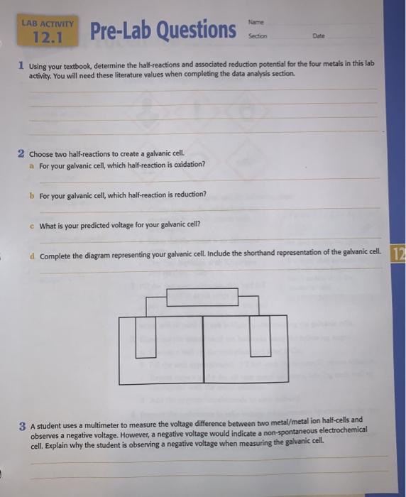 Solved Name LAB ACTIVITY 12.1 Pre-Lab Questions Section Date | Chegg.com