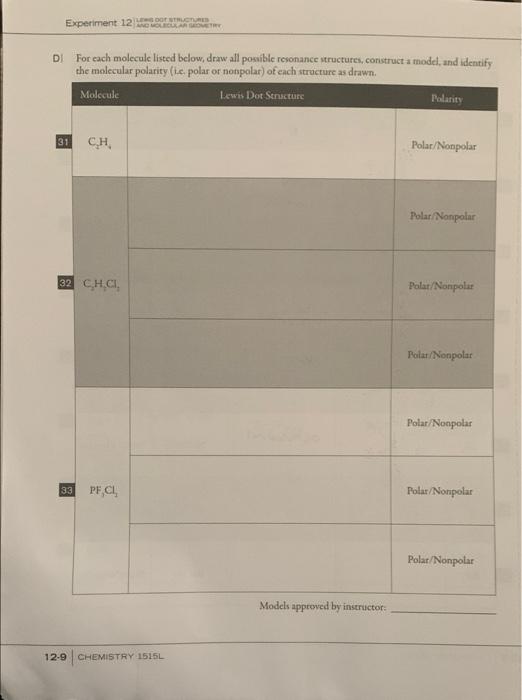Solved CHEMISTRY 1515L EXPERIMENT 12 LEWIS DOT STRUCTURES | Chegg.com