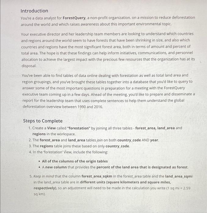 Solved Deforestation Exploration Project SQL | Chegg.com