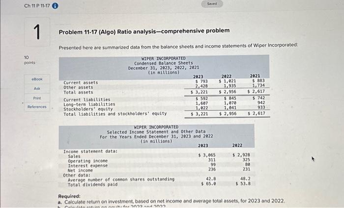 Solved Problem 11-17 (Algo) Ratio analysis-comprehensive | Chegg.com