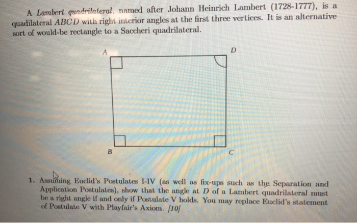 A Lambert quadrilateral, named after Johann Heinrich | Chegg.com