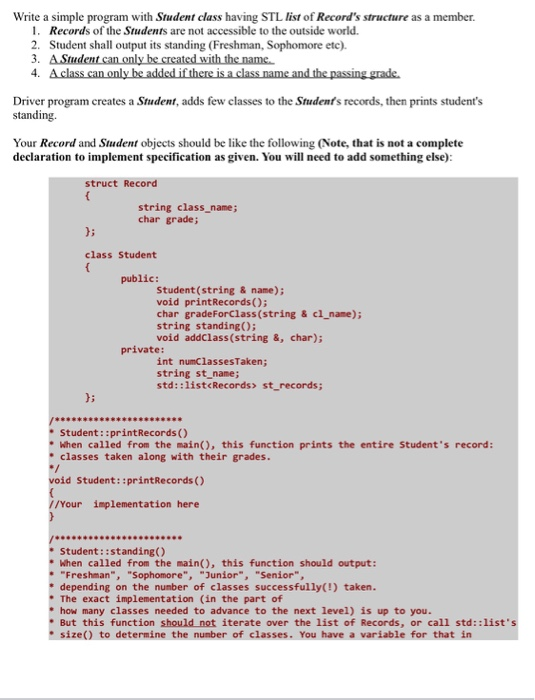 Write a simple program with Student class having STL | Chegg.com