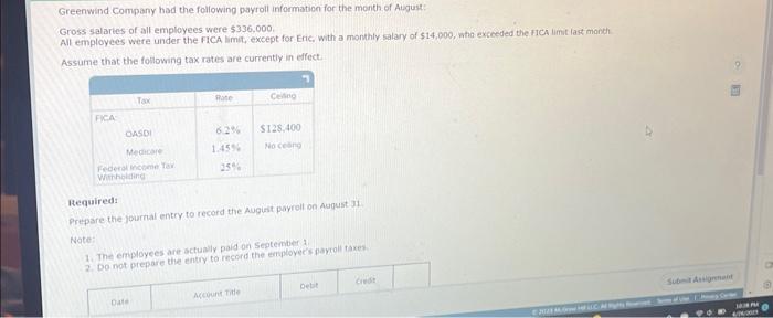 Solved Greenwind Company had the following payroll | Chegg.com