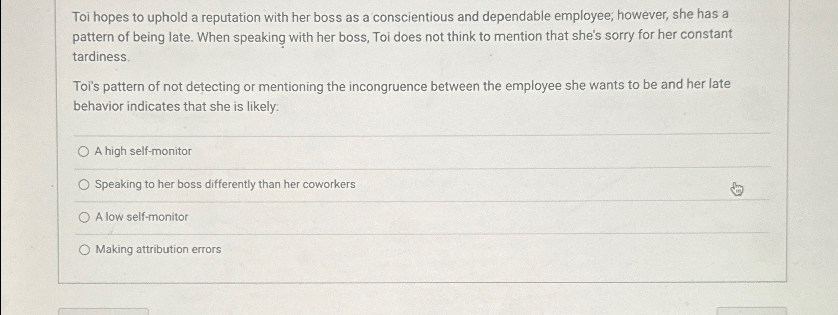 Solved Toi hopes to uphold a reputation with her boss as a | Chegg.com