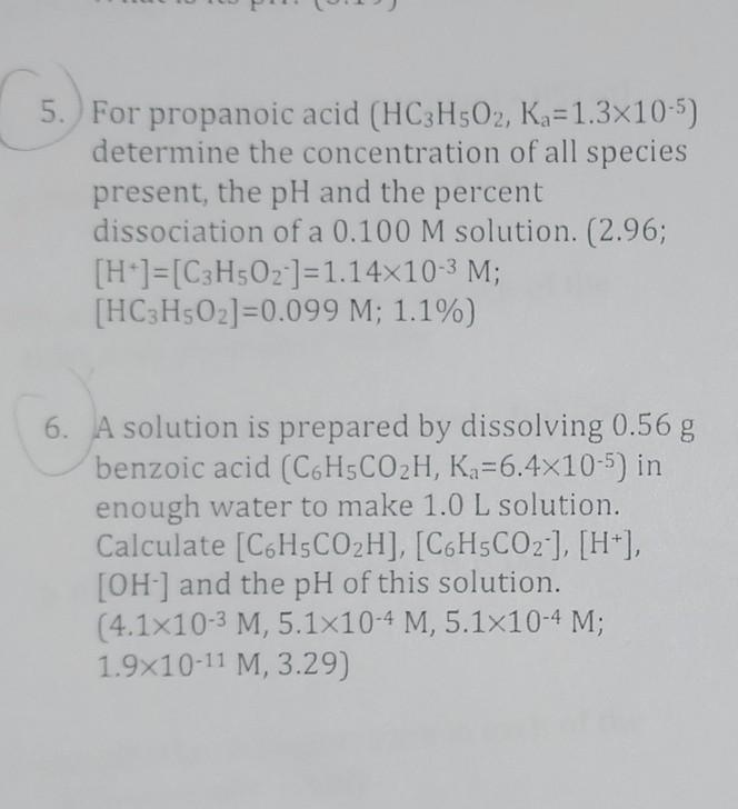 Solved 5. For propanoic acid (HC3H5O2, Ka=1.3×10−5) | Chegg.com