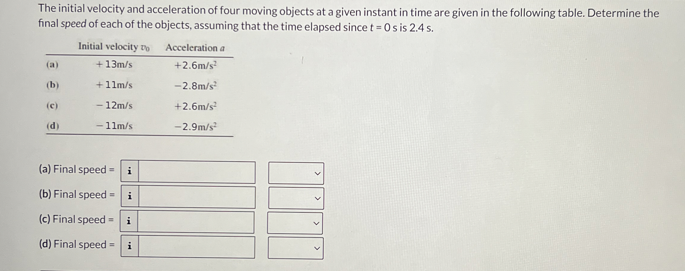 Solved The Initial Velocity And Acceleration Of Four Moving