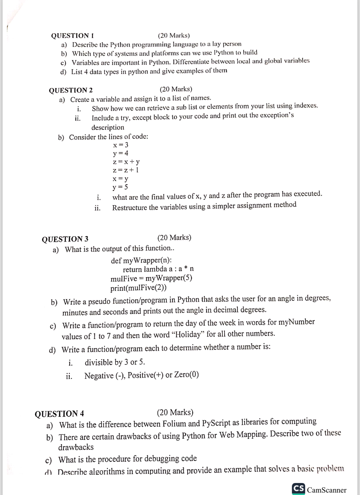Solved QUESTION 1(20 ﻿Marks)a) ﻿Describe the Python | Chegg.com