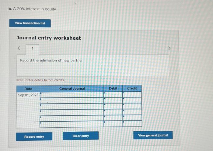 Solved b. A 20% interest in equity Journal entry worksheet | Chegg.com