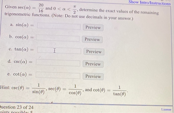 Solved Show Intro/Instructions 20 Given sec(a) and 0