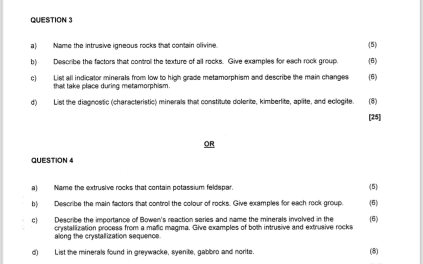Solved QUESTION 3a) ﻿Name the intrusive igneous rocks that | Chegg.com