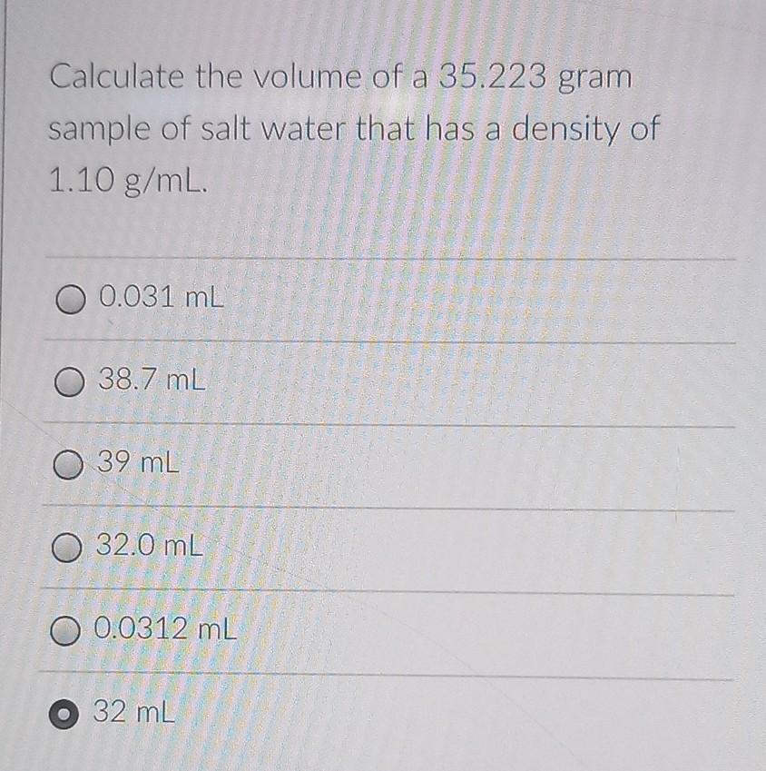 Solved Calculate the volume of a 35.223 gram sample of salt | Chegg.com