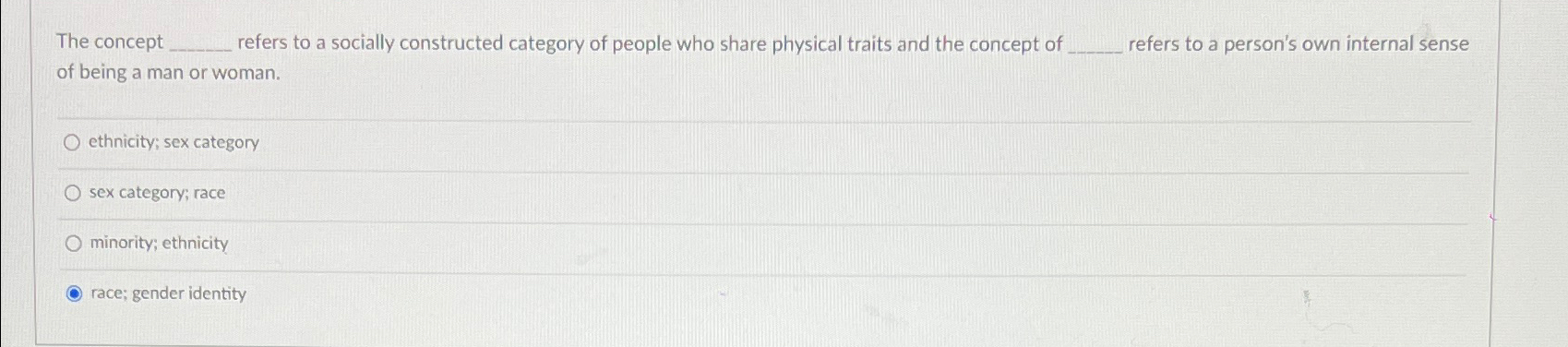 Solved The concept ﻿refers to a socially constructed | Chegg.com