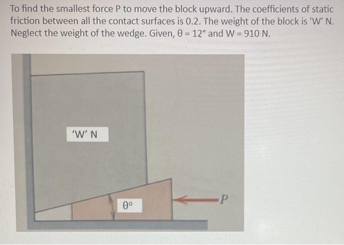 Solved To find the smallest force P to move the block | Chegg.com