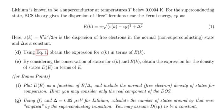Solved 2. Free Electron Gas \& Superconducting Transition in | Chegg.com