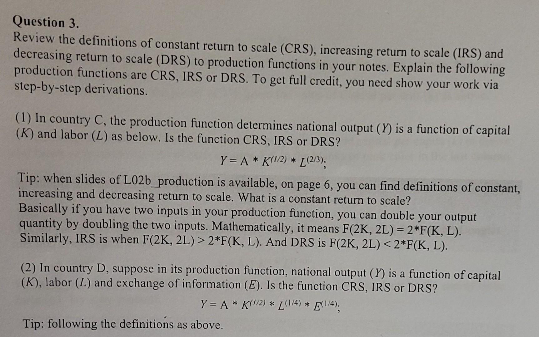 Solved Question 3. Review the definitions of constant return | Chegg.com