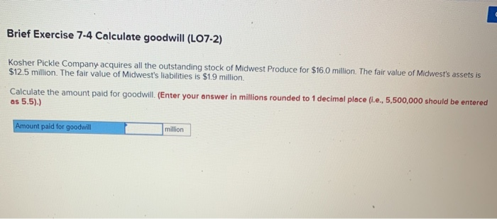Solved Brief Exercise 7-4 Calculate goodwill (L07-2) Kosher | Chegg.com Solved Brief Exercise 7-4 Calculate goodwill (L07-2) Kosher | Chegg.com