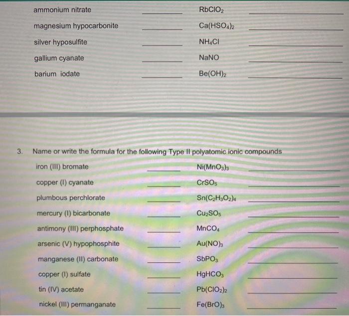 Solved Polyatomic Practice 1. Name or write the formula for | Chegg.com