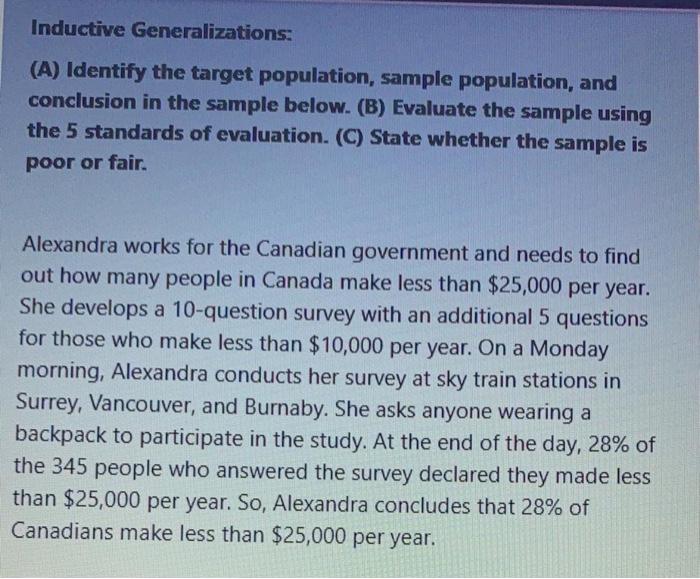 Solved Inductive Generalizations: (A) Identify the target | Chegg.com