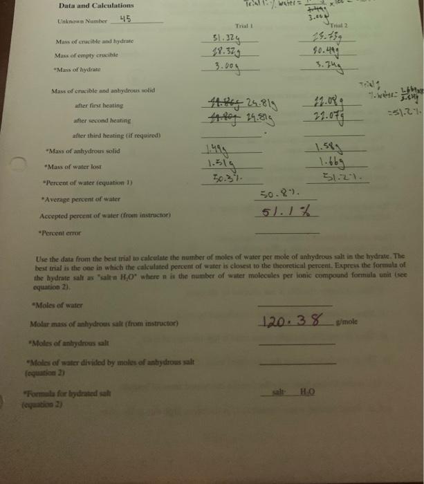 Solved Data and Calculations Unknown Number Mass of crucible | Chegg.com