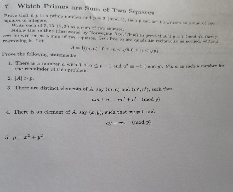 Solved 7 Which Primes are Sum of Two Squares Prove that if p | Chegg.com