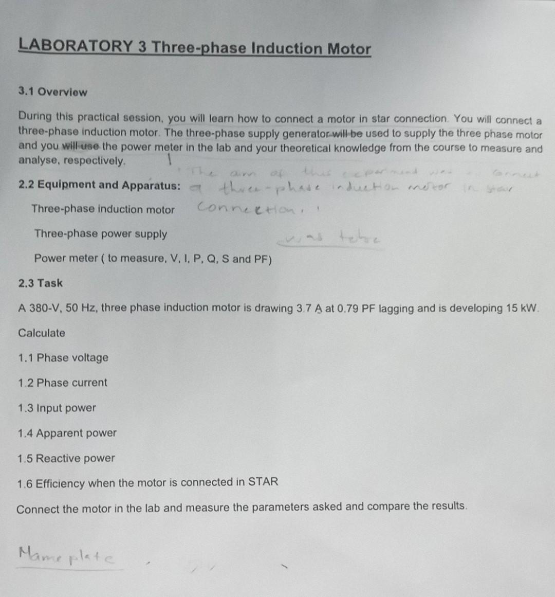 Solved LABORATORY 3 Three-phase Induction Motor 3.1 Overview | Chegg.com