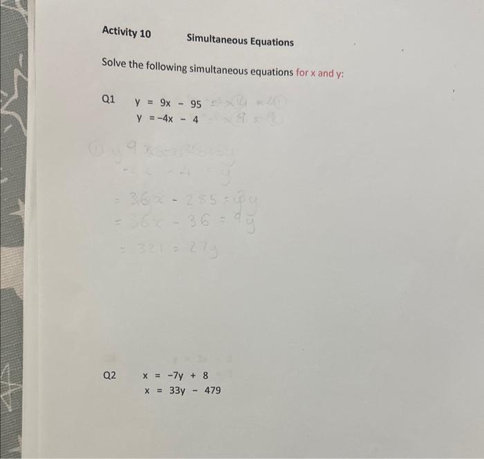 Solved Solve the following simultaneous equations for x and | Chegg.com