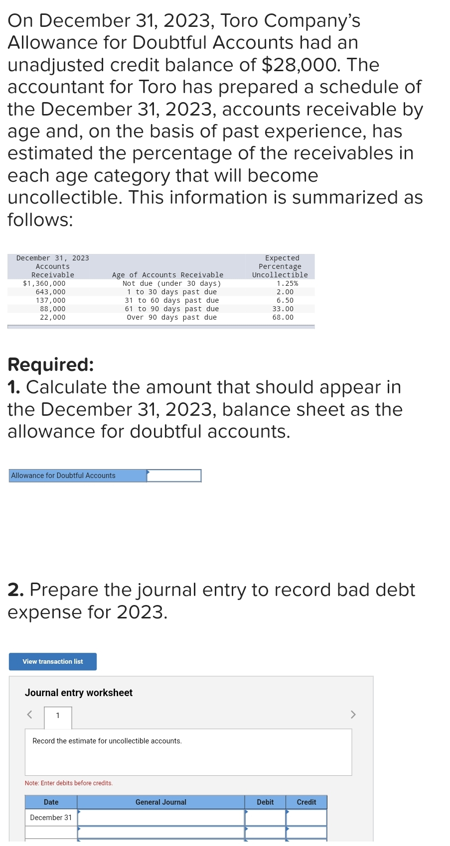 Solved On December 31, 2023, ﻿Toro Company's Allowance for | Chegg.com