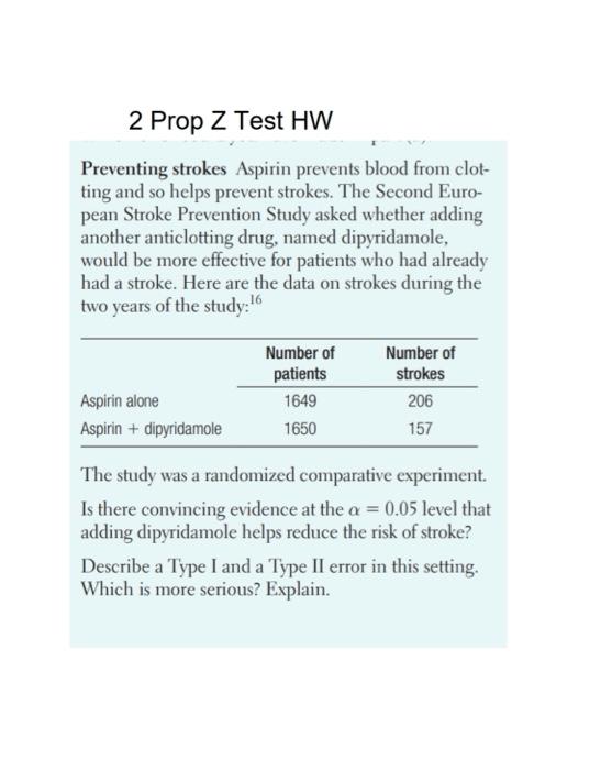 Solved 2 Prop Z Test HW Preventing strokes Aspirin prevents | Chegg.com