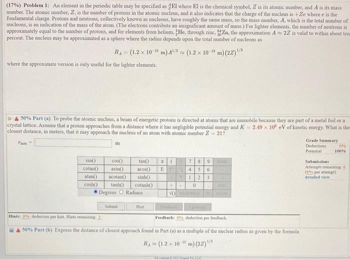 Solved (17\%) Problem 1: An element in the periodic table | Chegg.com