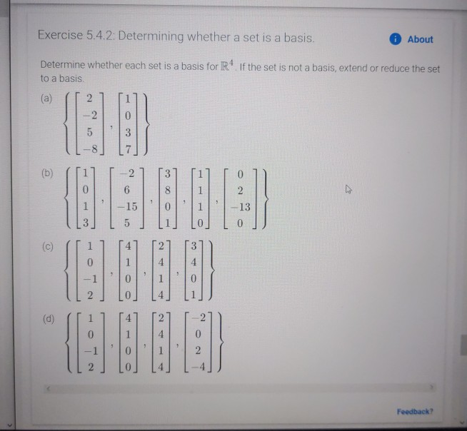 Solved Exercise 5.4.2: Determining whether a set is a basis. | Chegg.com