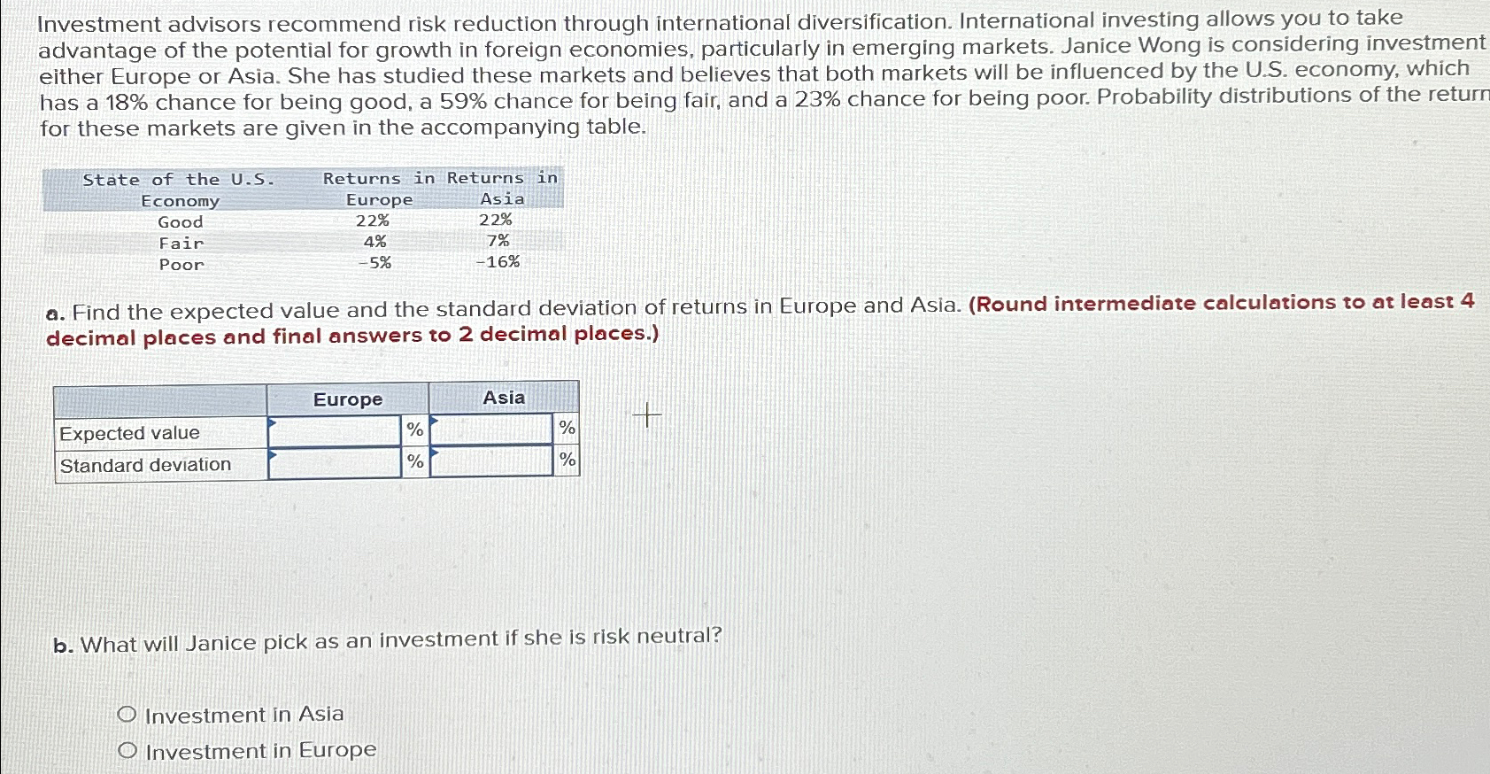 Investment advisors recommend risk reduction through | Chegg.com
