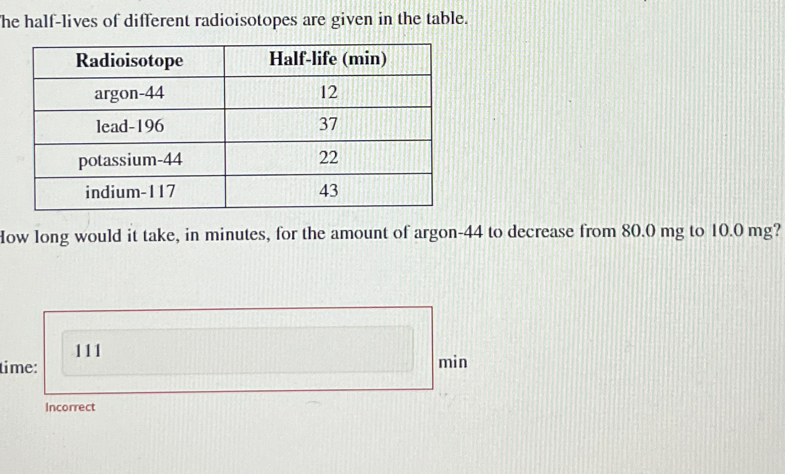 Solved he half-lives of different radioisotopes are given in | Chegg.com