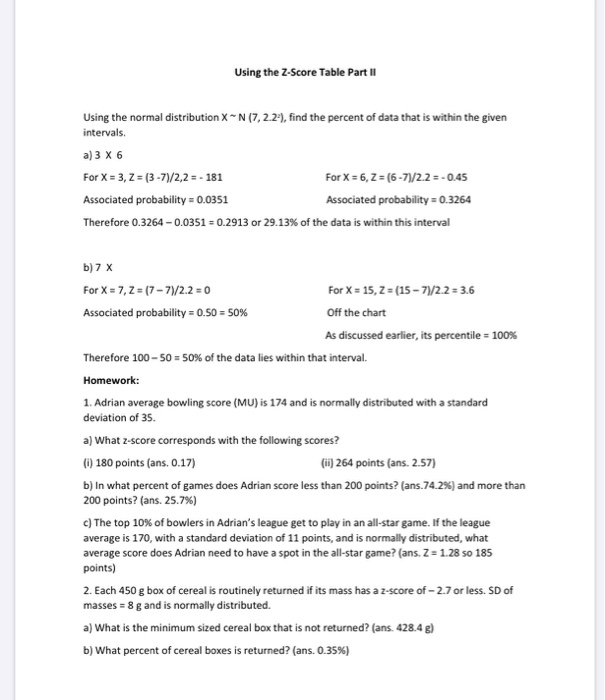 Solved Using the Z-Score Table Part II Using the normal | Chegg.com