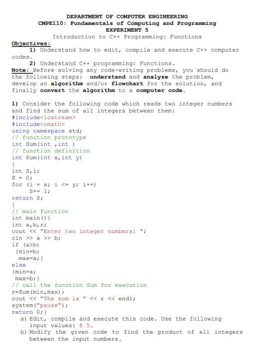 Solved DEPARTMENT OF COMPUTER ENGINEERING CMPE110: | Chegg.com