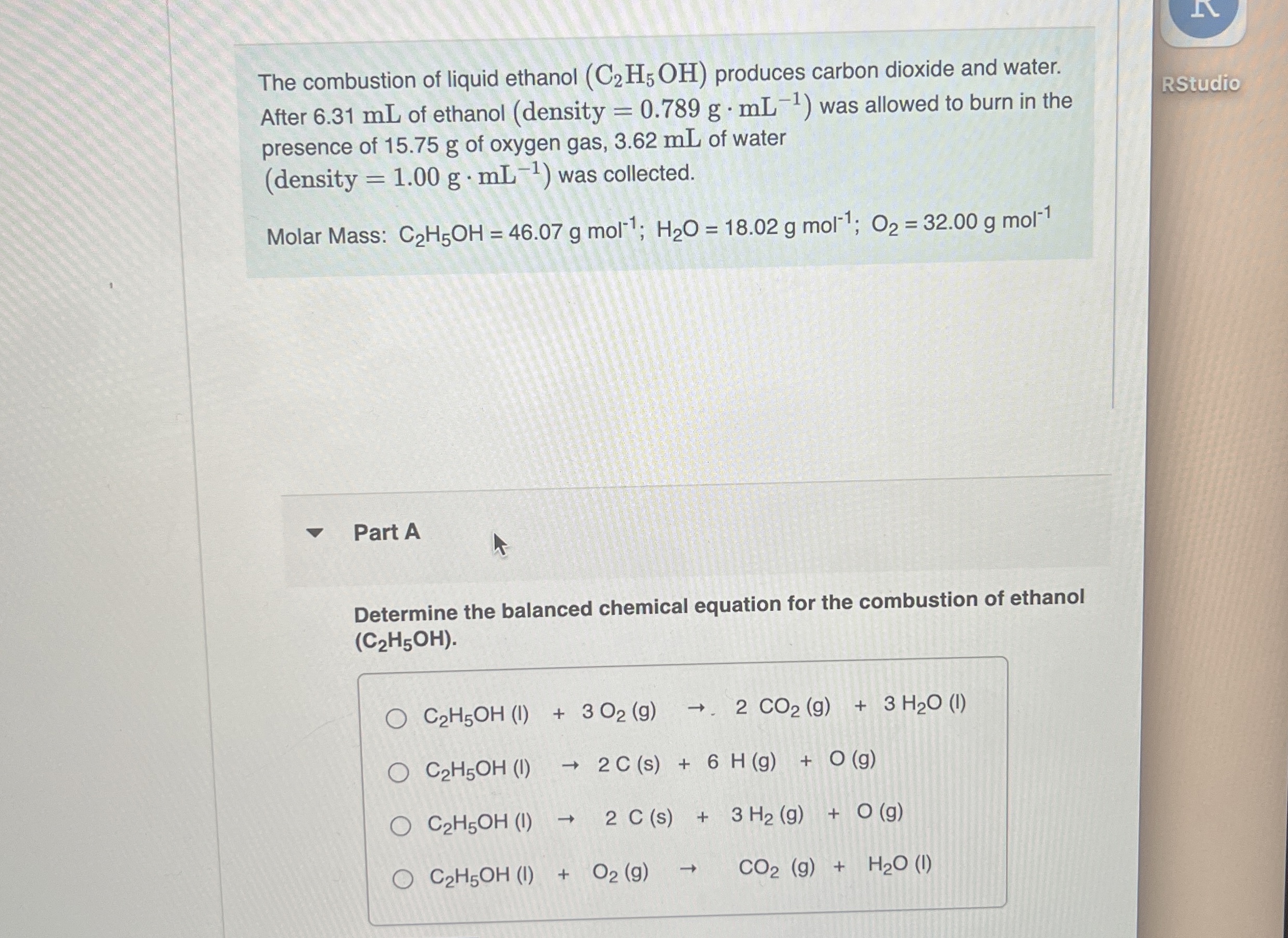 Solved The combustion of liquid ethanol (C2H5OH) ﻿produces | Chegg.com