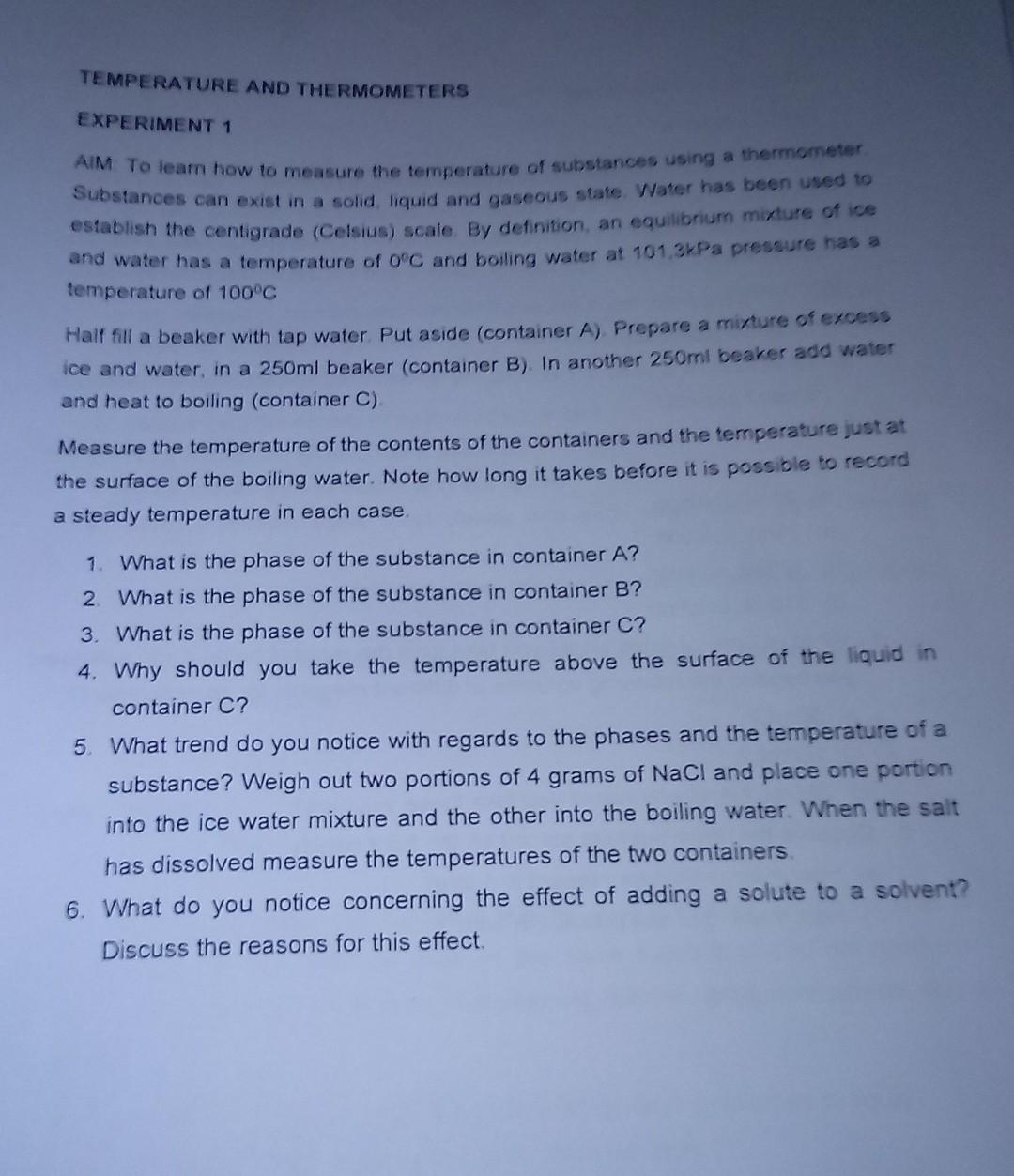 Solved TEMPERATURE AND THERMOMETERS EXPERIMENT 1 AIM To leam | Chegg.com